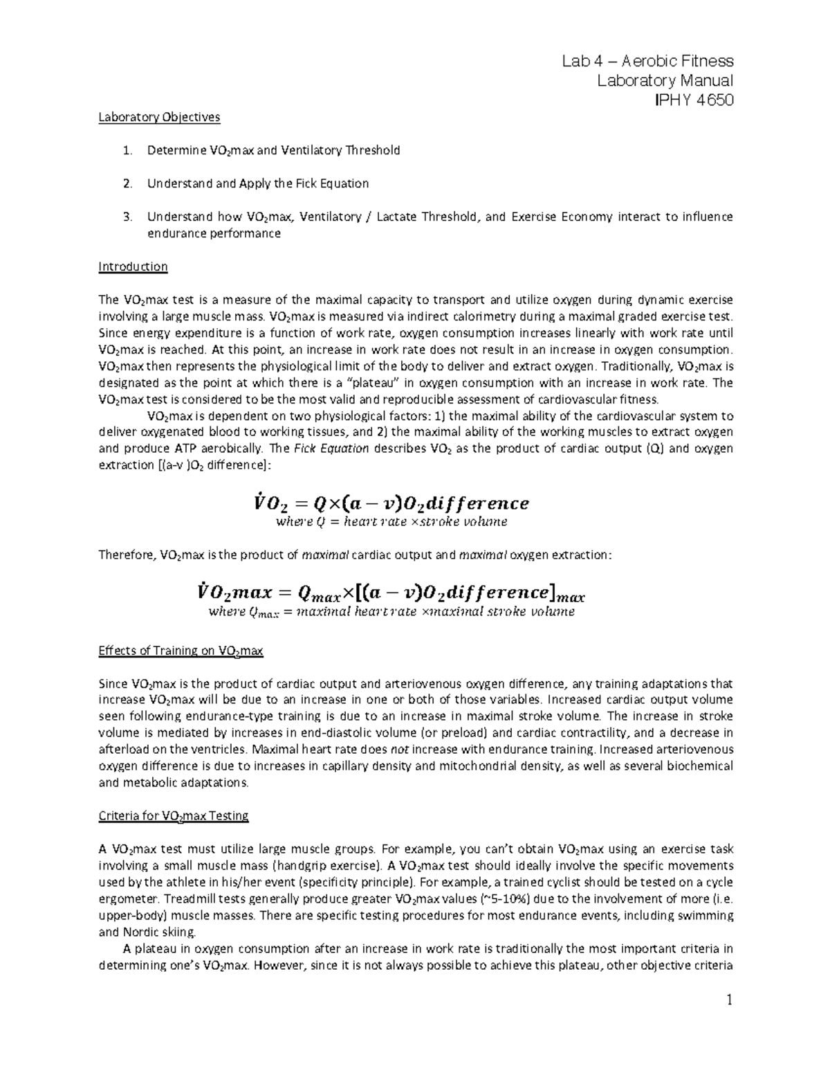 Lab 4 Manual - Aerobic Fitness - Lab 4 – Aerobic Fitness Laboratory ...