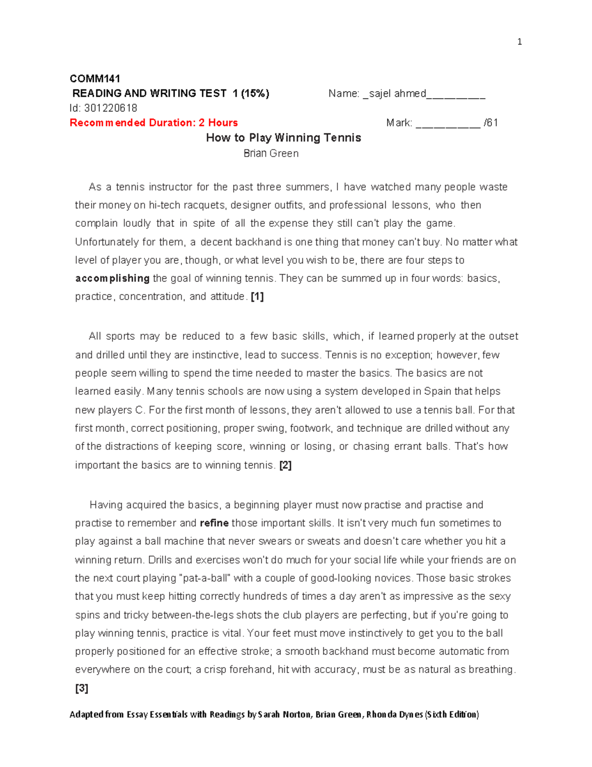 Comp 141- Reading and writing test-1 - COMM READING AND WRITING TEST 1 ...