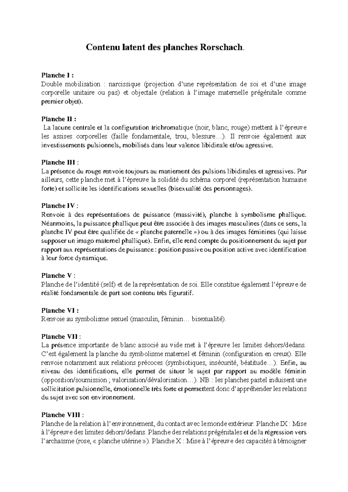 Contenu latent des planches Rorschach + - Planche I : Double ...