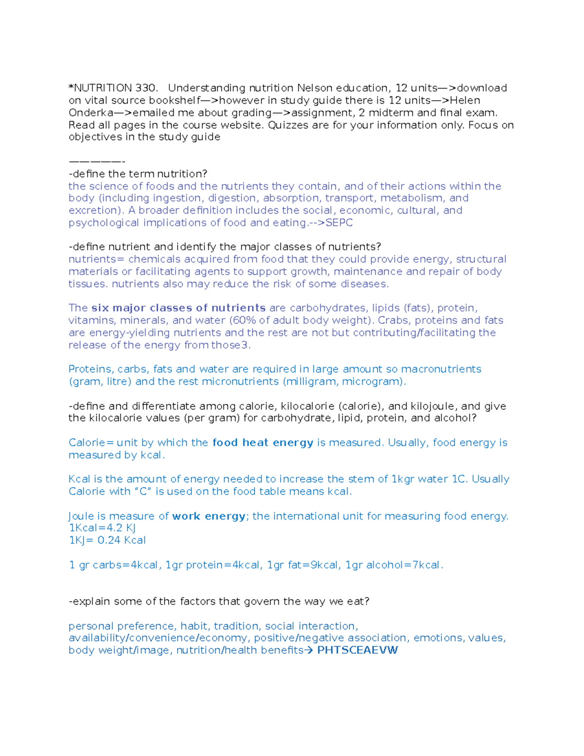 Nutrition 330- objectives - *NUTRITION 330. Understanding nutrition ...