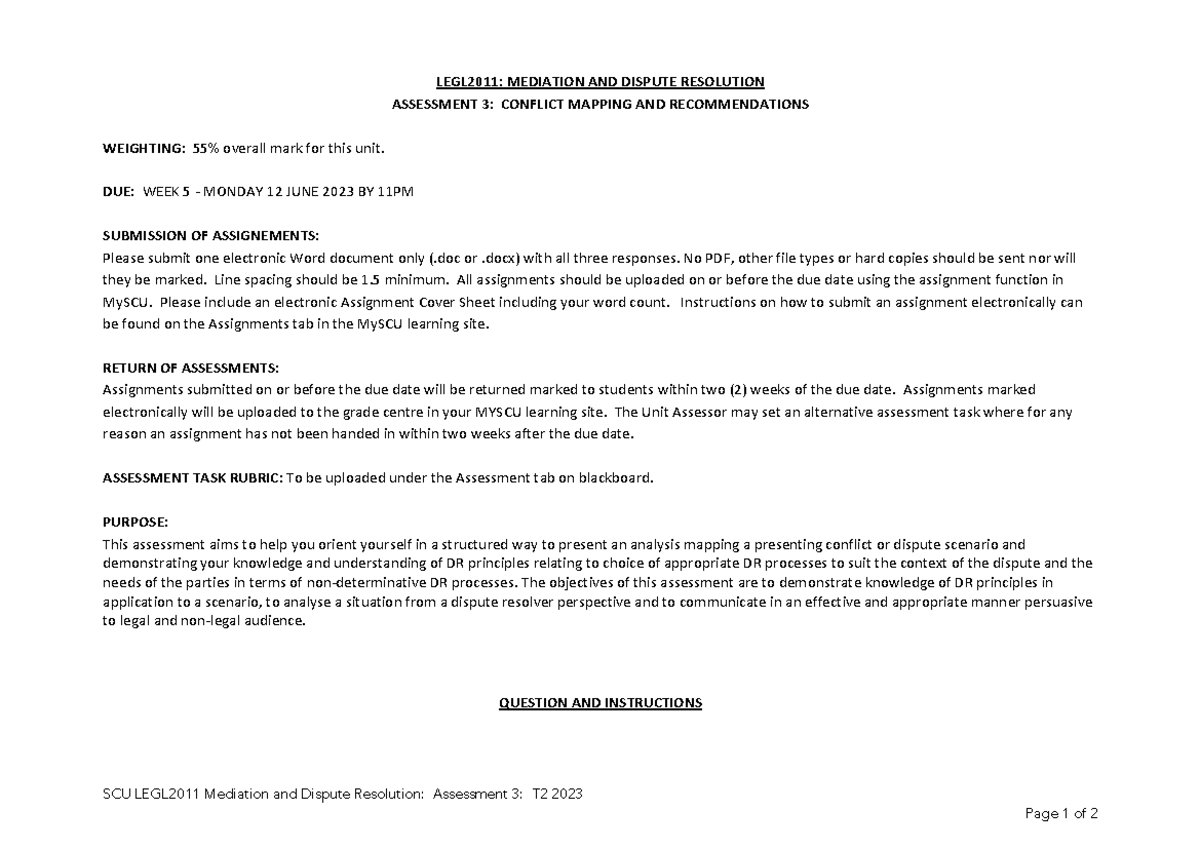 SCU LEGL2011 Assessment TASK 3 Conflict Mapping AND Recommendations T2 ...