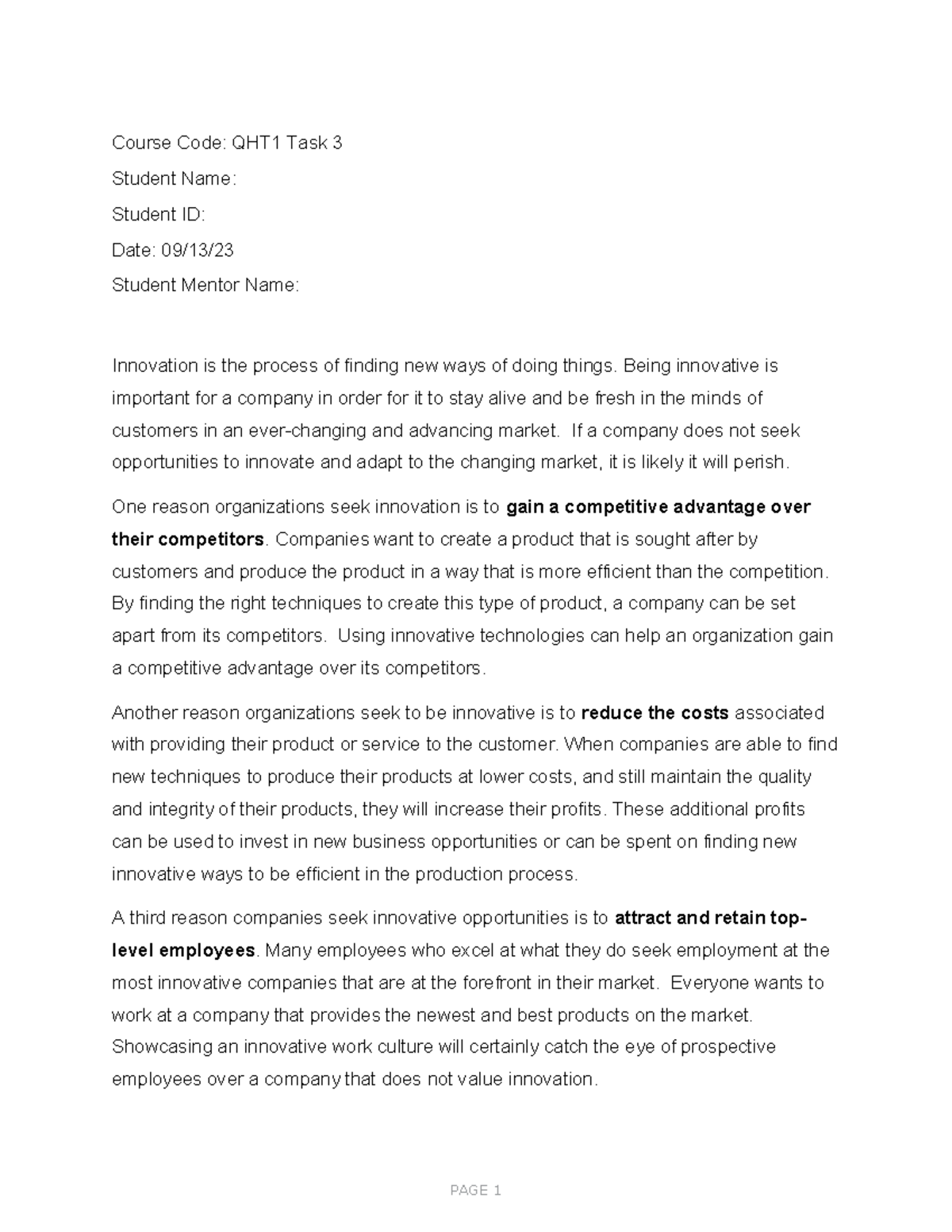 QHT1 Task 3 - Task 3 for Business Management QHT1 - Course Code: QHT1 ...