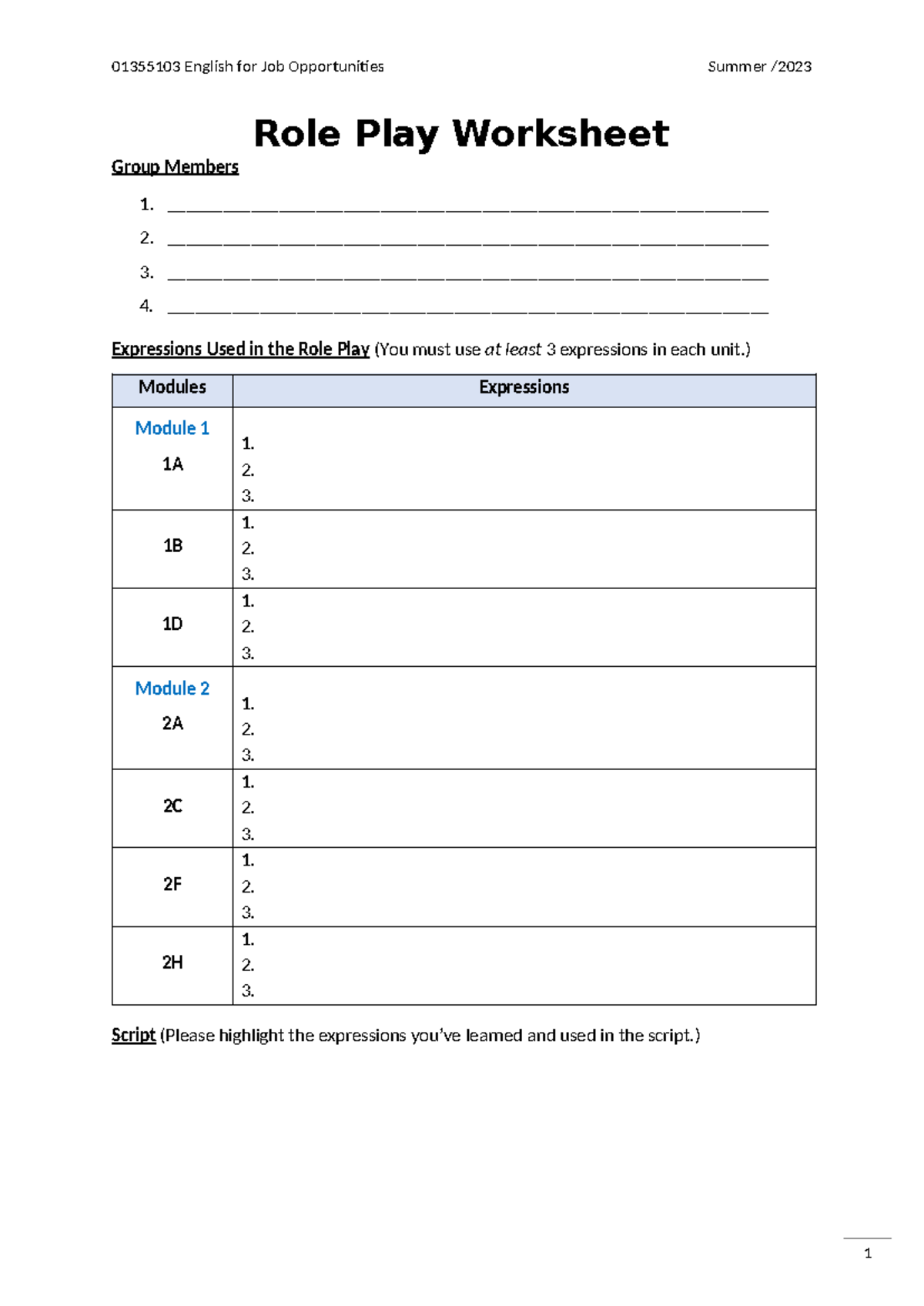 05 Role Play Worksheet Summer - 1 01355103 English for Job ...