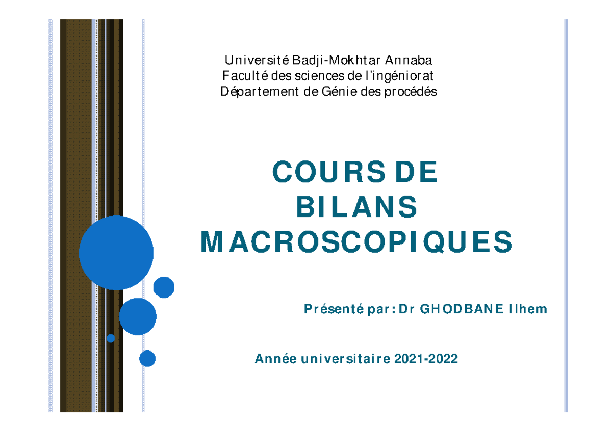 Chapitre I Bilans Macroscopiques - COURS DE BILANS MACROSCOPIQUES ...