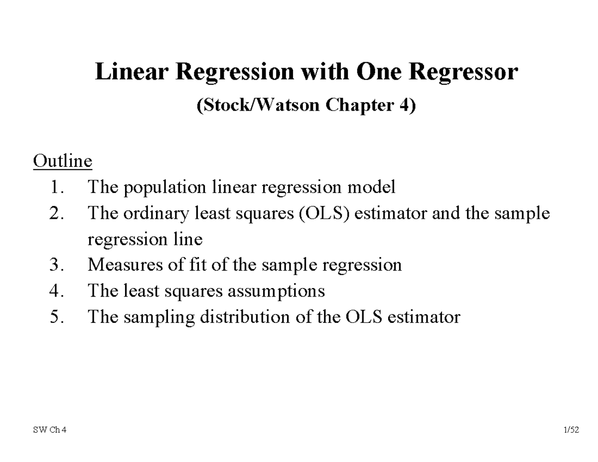 SW3e ch44 slides - Diapositivas resumen. - Linear Regression with One Regressor (Stock/Watson ...