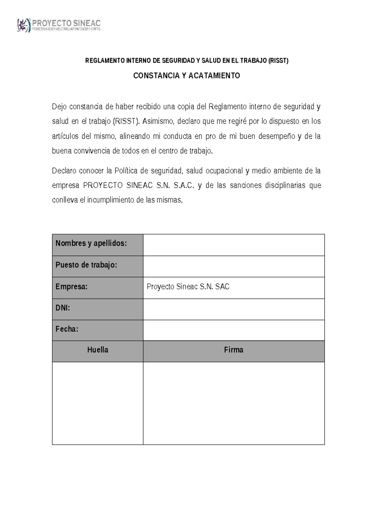 Risst Constancia y acatamiento - REGLAMENTO INTERNO DE SEGURIDAD Y ...