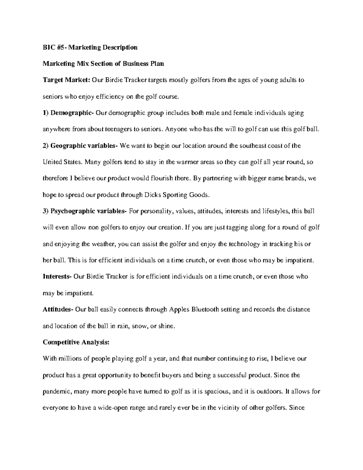 BIC 5 Completed - Example BIC 5 - BIC #5- Marketing Description ...