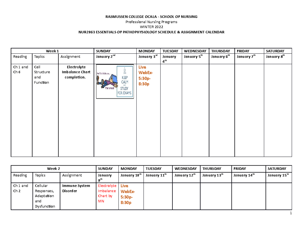 Pathophysiology-Assignment Schedule Calendar Winter 2022 - Professional ...