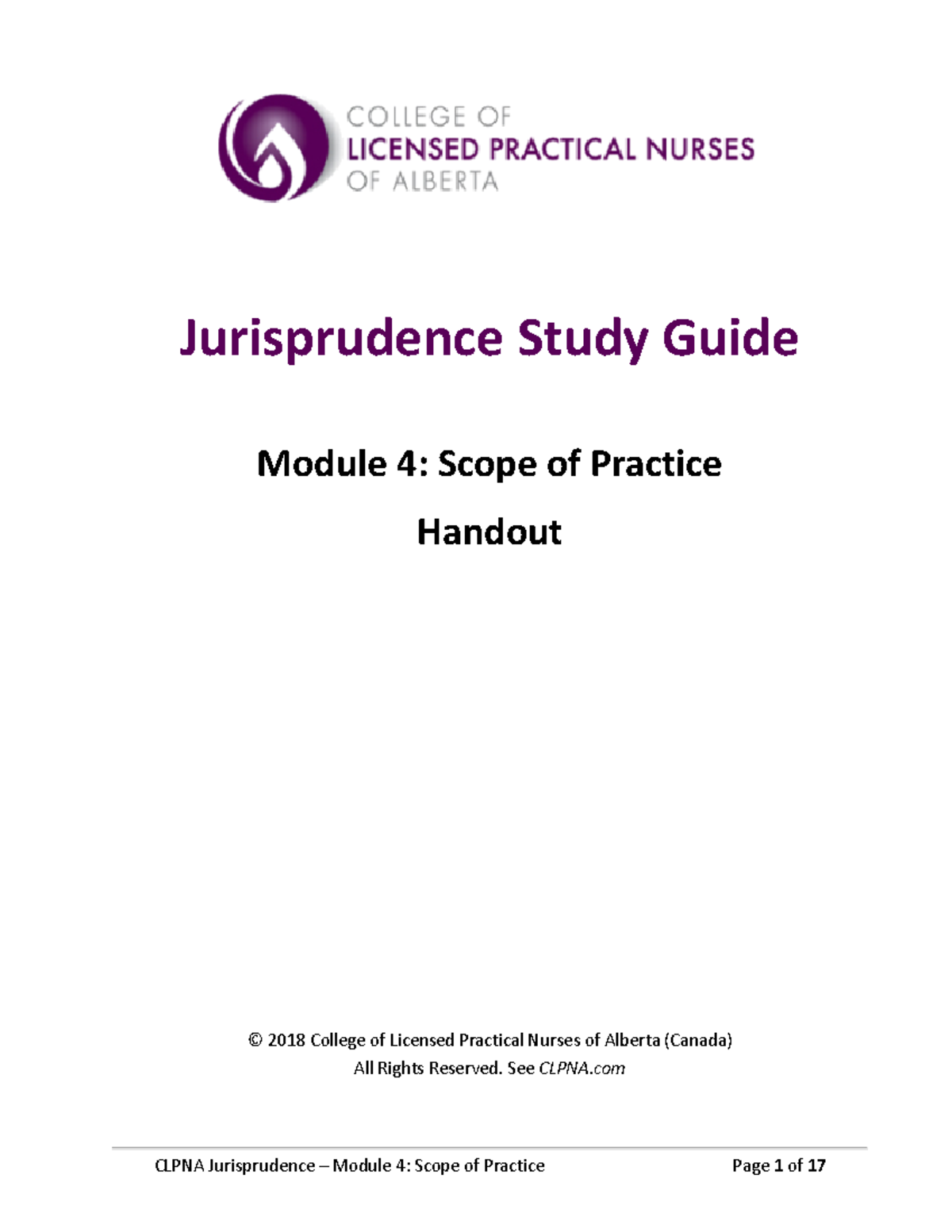 Module 4 - CLPNA study guides - Jurisprudence Study Guide Module 4: Scope of Practice Handout ...