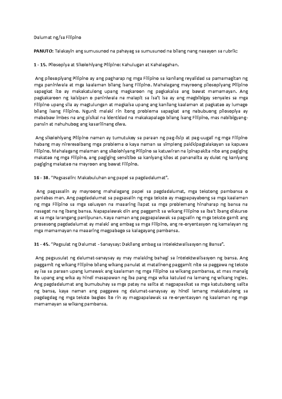 Dalumat NG O SA Filipino - Dalumat ng/sa Filipino PANUTO: Talakayin ang ...