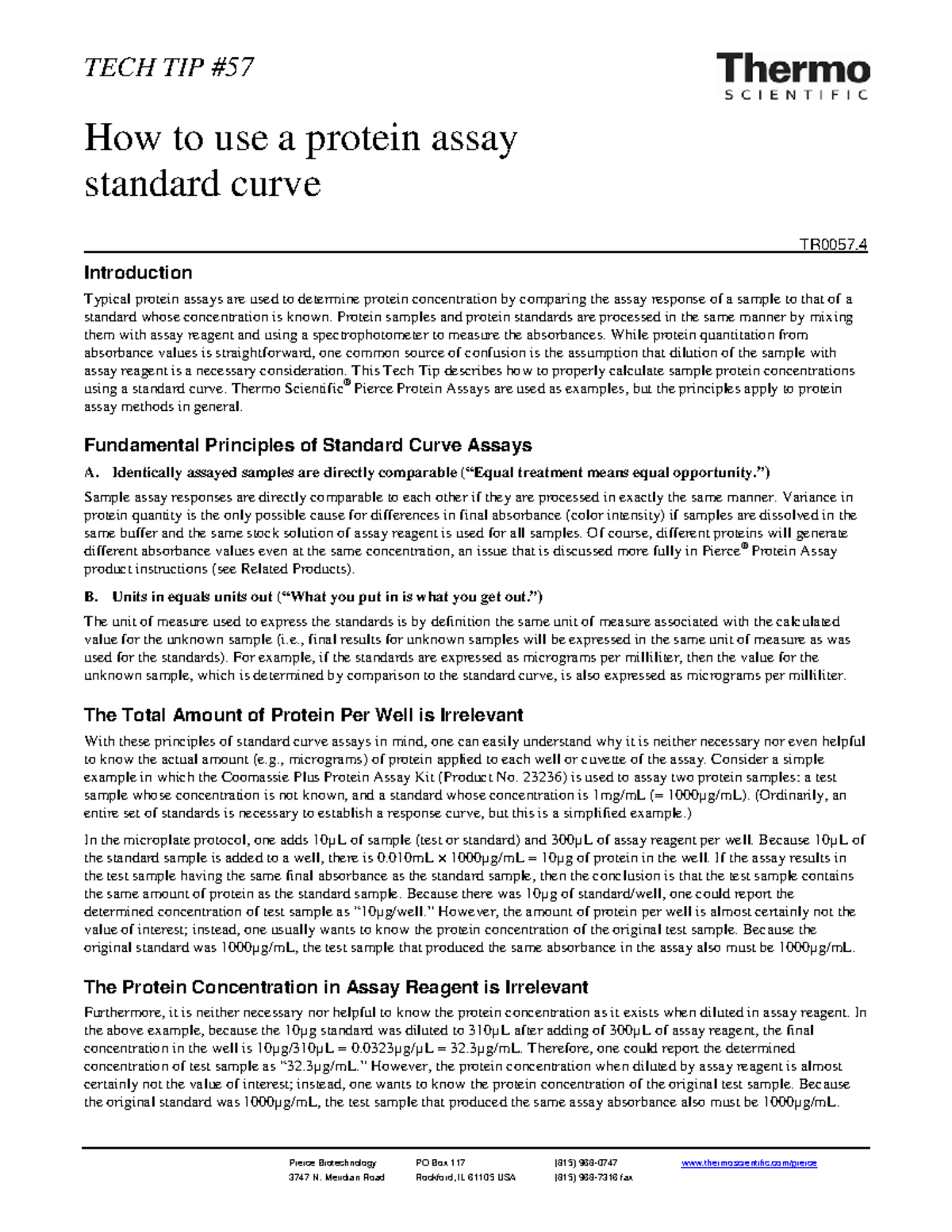 TR0057 Read std curves - TECH TIP Pierce Biotechnology PO Box 117 (815 ...