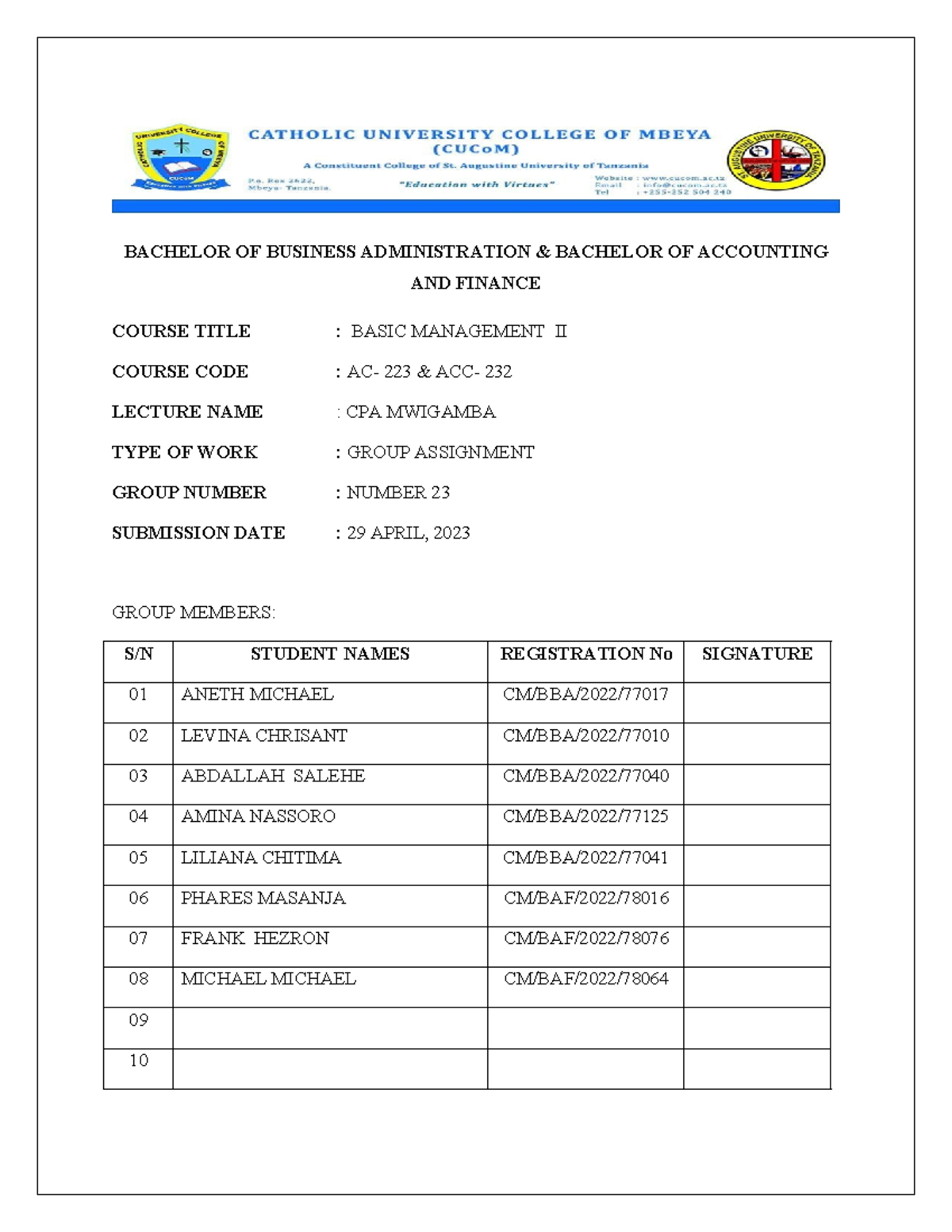 Cover PAGE Group account - BACHELOR OF BUSINESS ADMINISTRATION ...