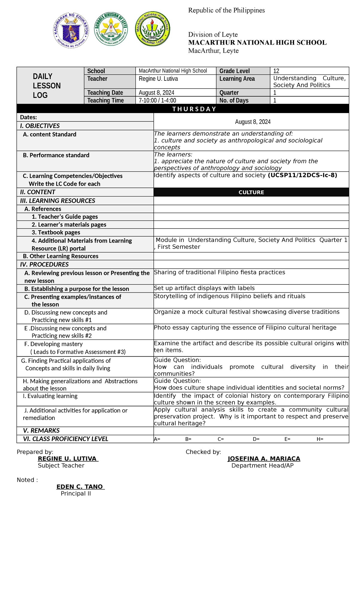 August 8 - lesson plan - DAILY LESSON LOG School MacArthur National ...