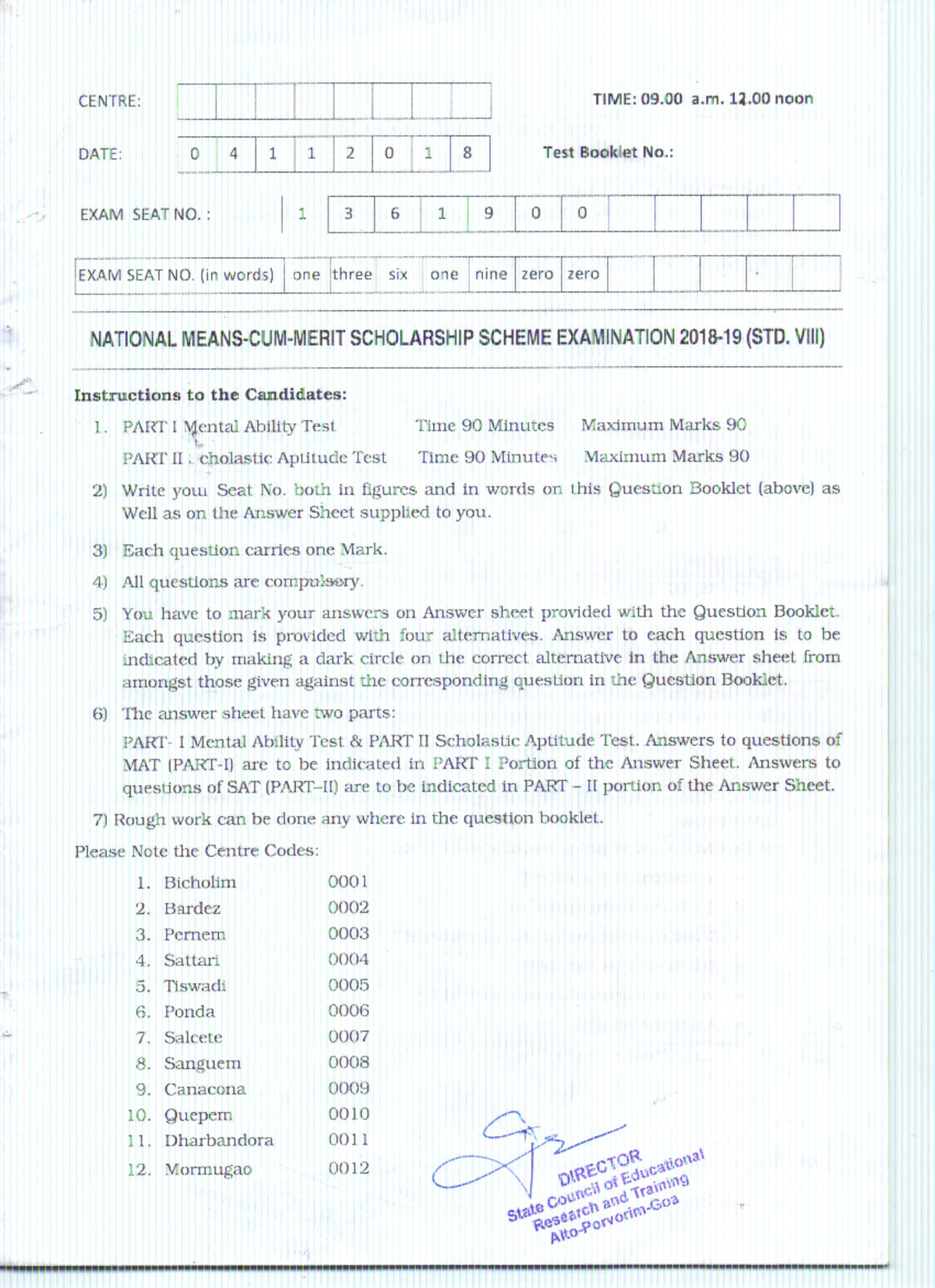 Nmmss Question Paper Answer Key - CENTRE: TIME: 09 a. 12 noon DATE ...