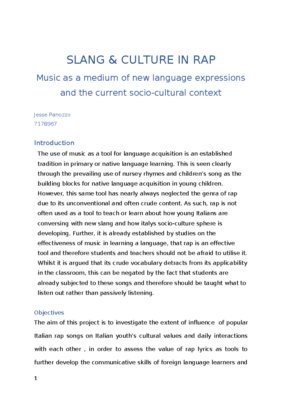 Project - SLANG & CULTURE IN RAP Music as a medium of new language ...