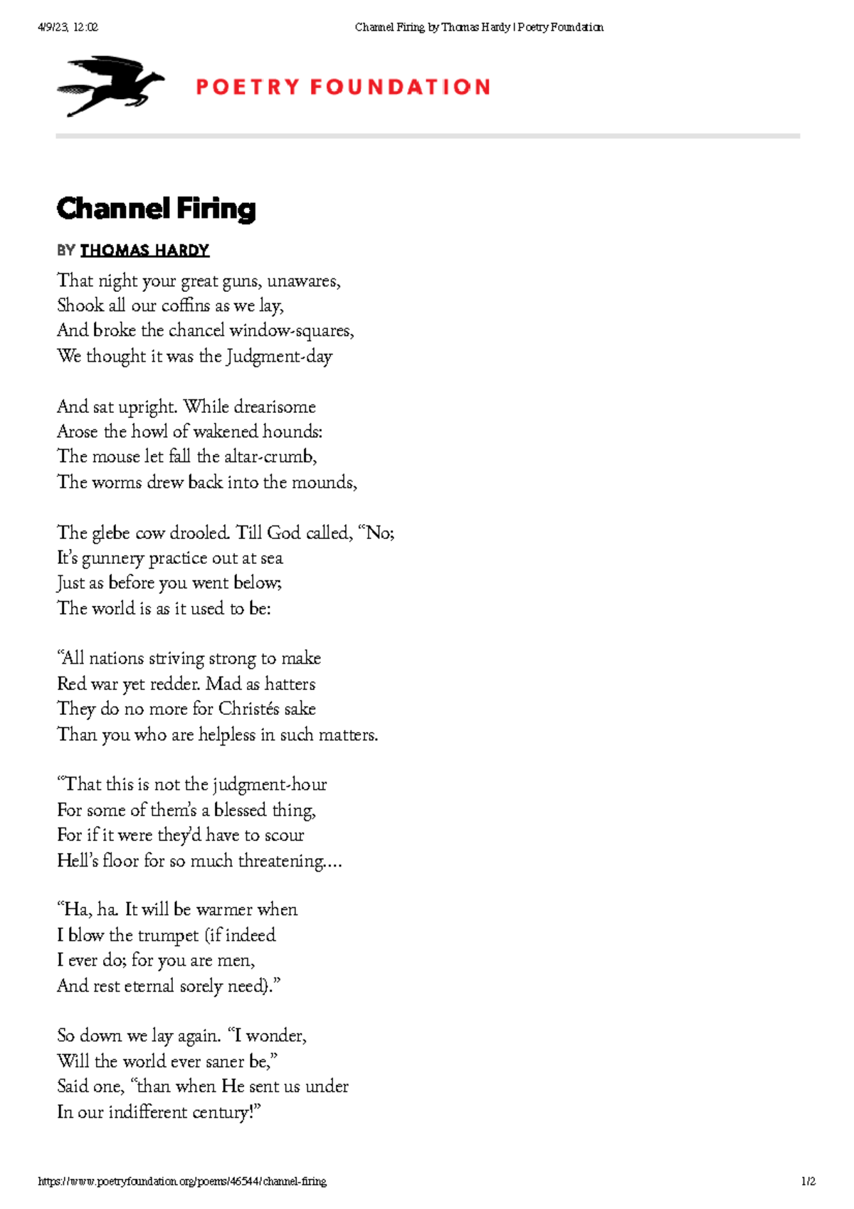 Channel Firing by Thomas Hardy Poetry Foundation - 4/9/23, 12:02 ...
