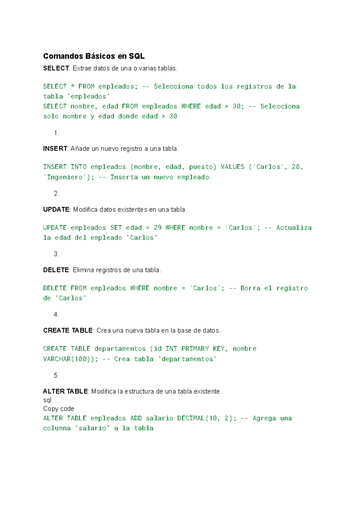 Queries básicas SQL y Mongo - Comandos Básicos en SQL SELECT: Extrae datos de una o varias ...
