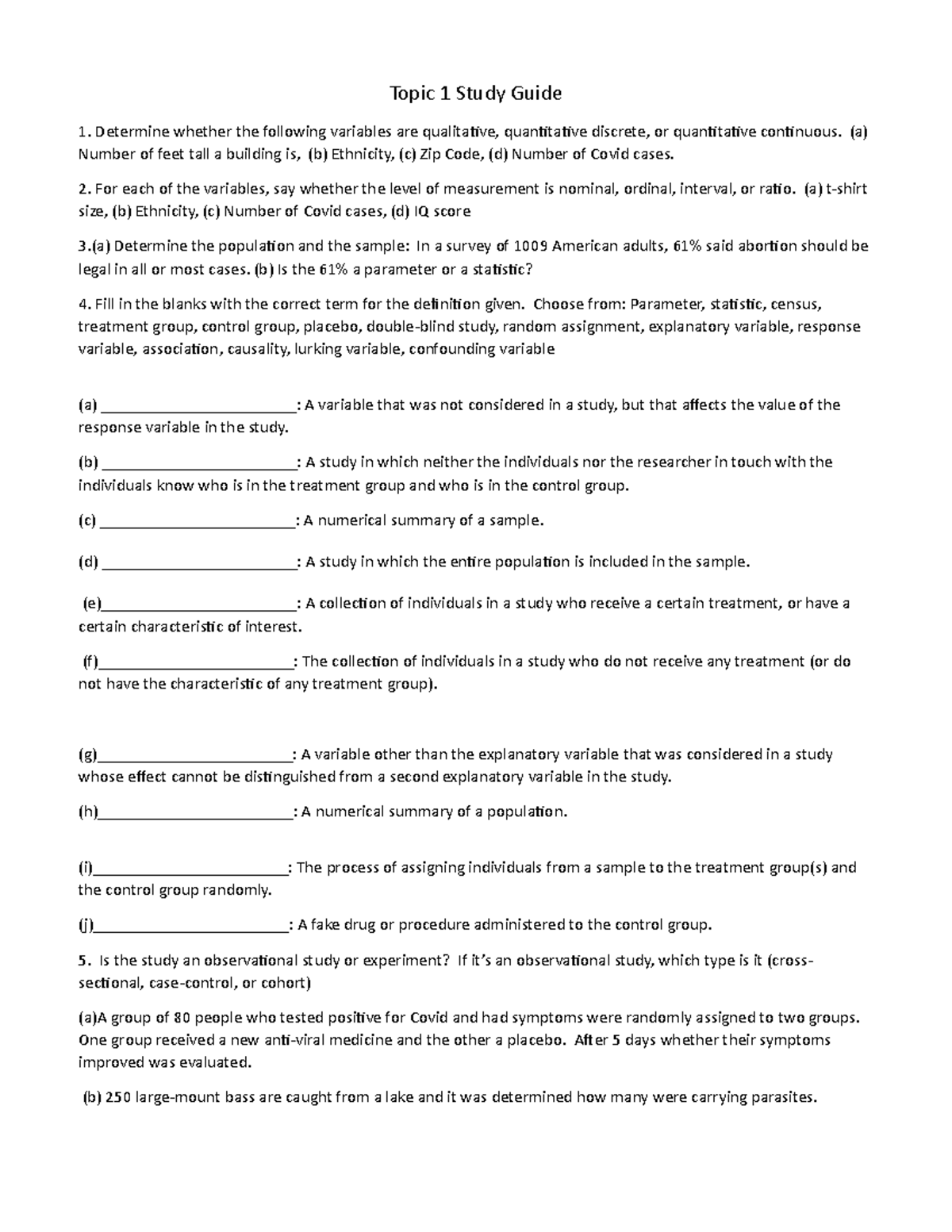 Unit 1 Study Guide - Topic 1 Study Guide Determine whether the ...