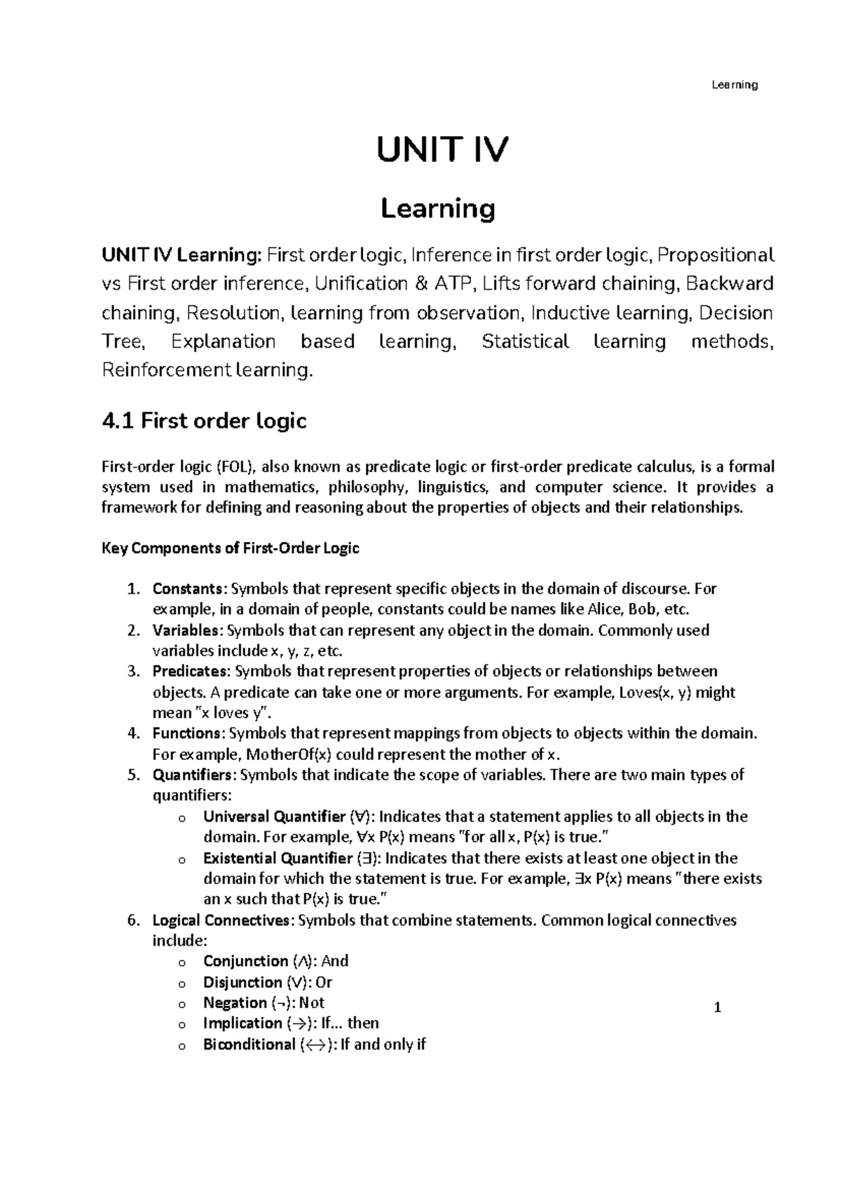 Ai-4 - notes - 1 UNIT IV Learning UNIT IV Learning: First order logic ...