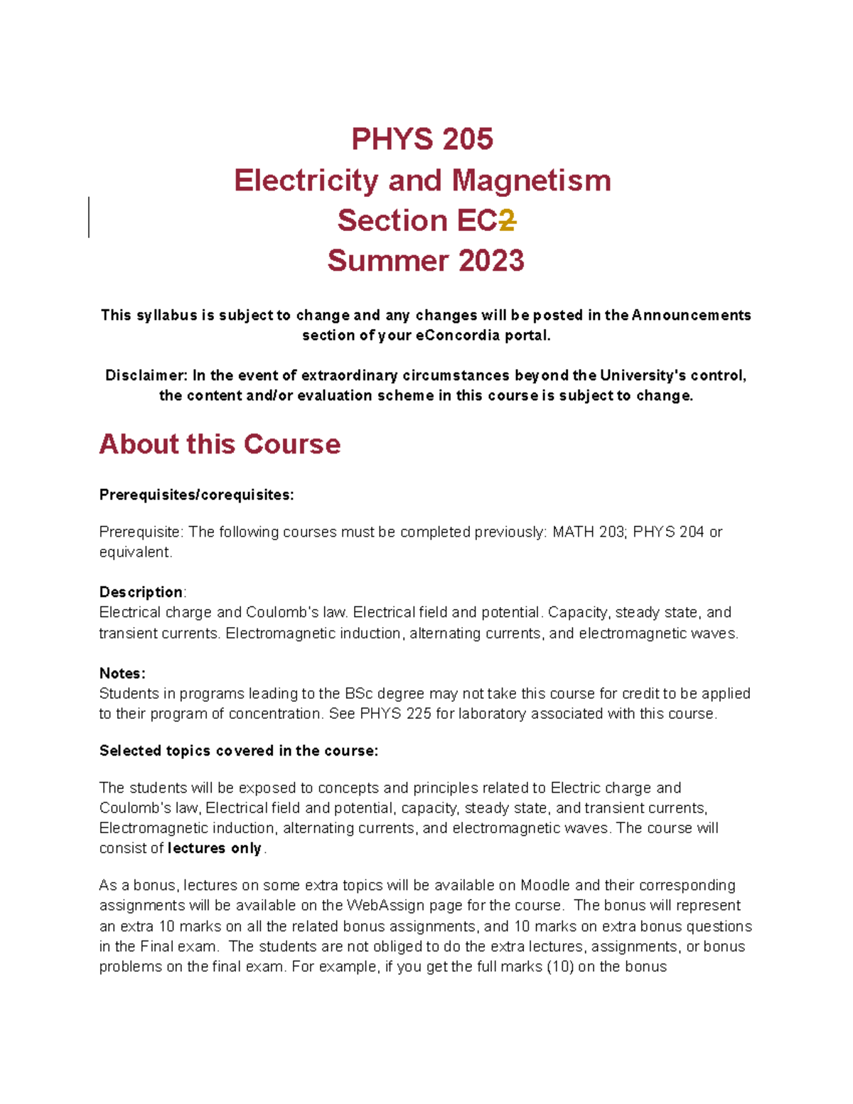 Physics 205Course Outline - PHYS 205 Electricity and Magnetism Section ...