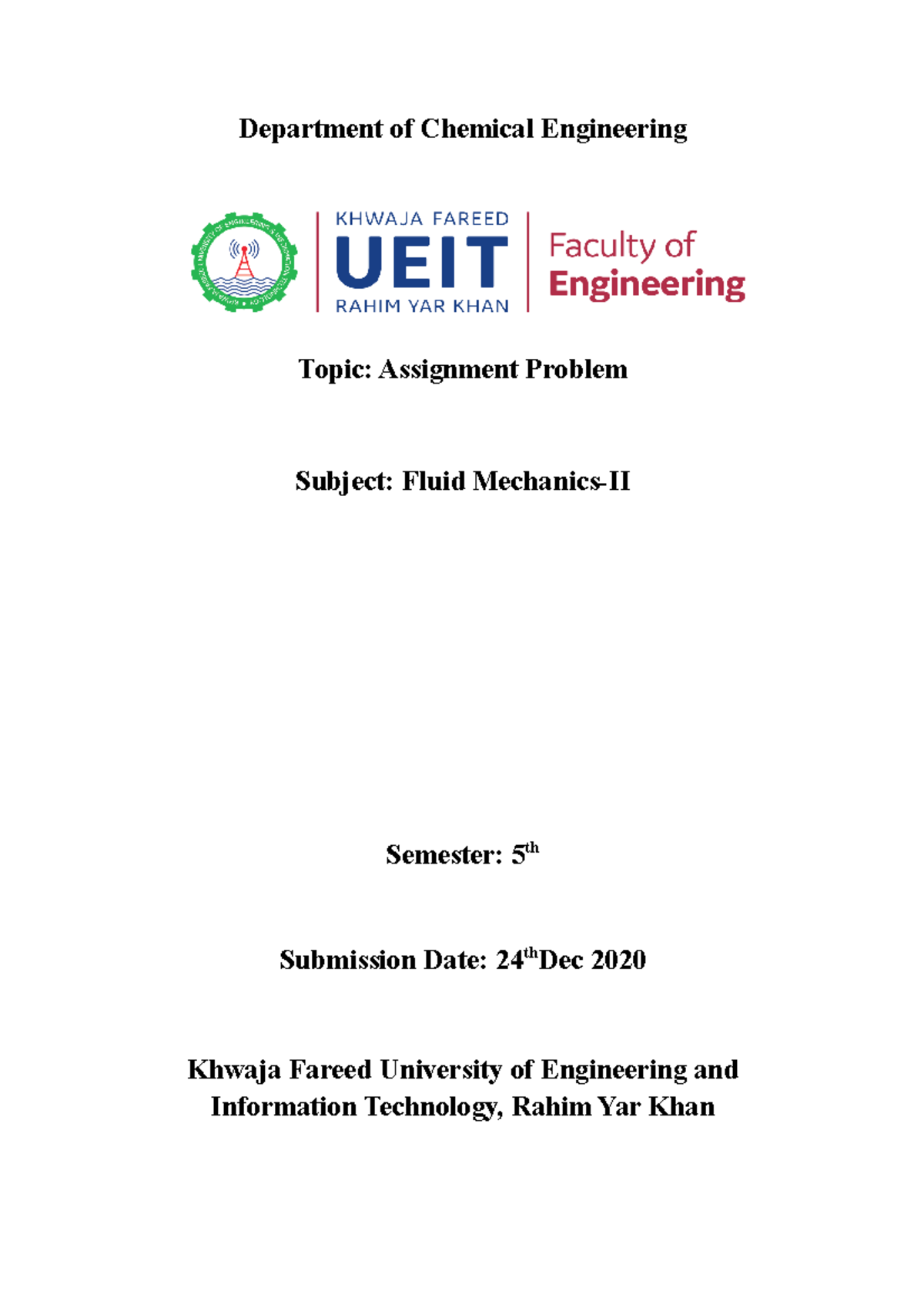 FM-II - Lab Material - Department of Chemical Engineering Topic: Assignment Problem Subject ...