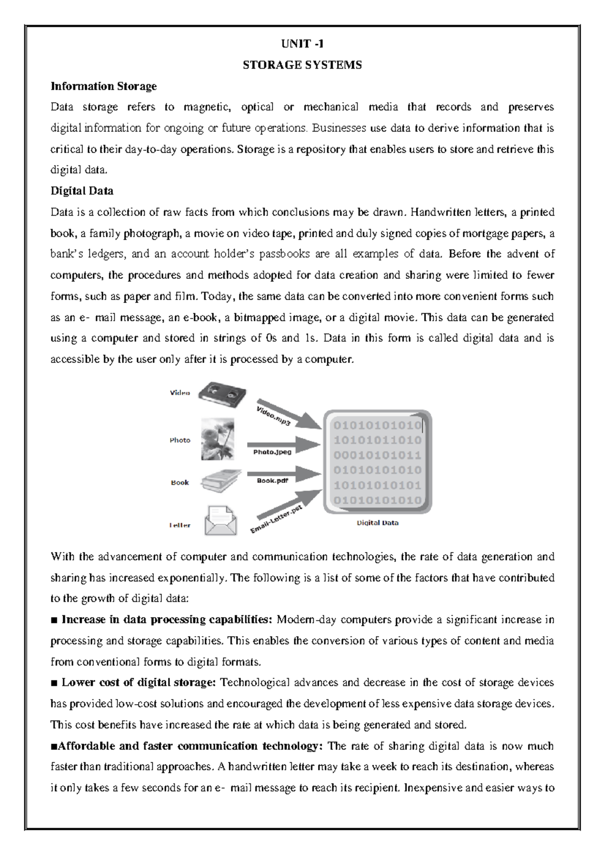 Unit I - Complete notes - UNIT - STORAGE SYSTEMS Information Storage ...