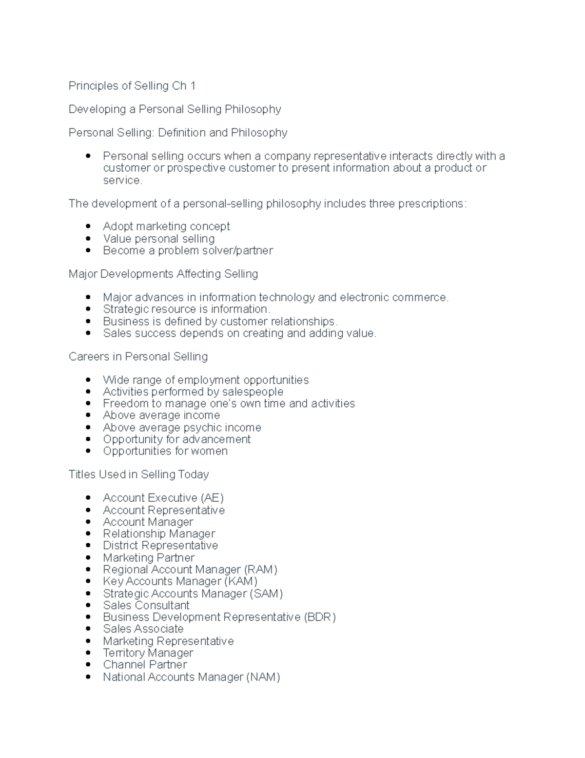 Selling notes ch1 - Principles of Selling Ch 1 Developing a Personal ...