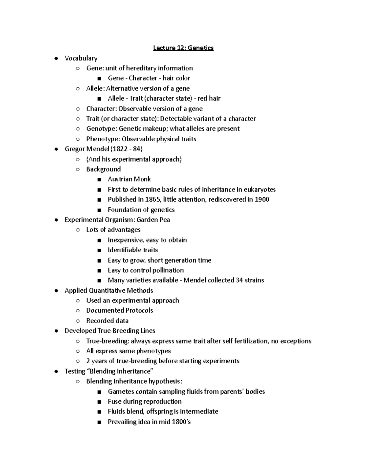 Lecture 12- Genetics - Lecture 12: Genetics Vocabulary Gene: unit of ...