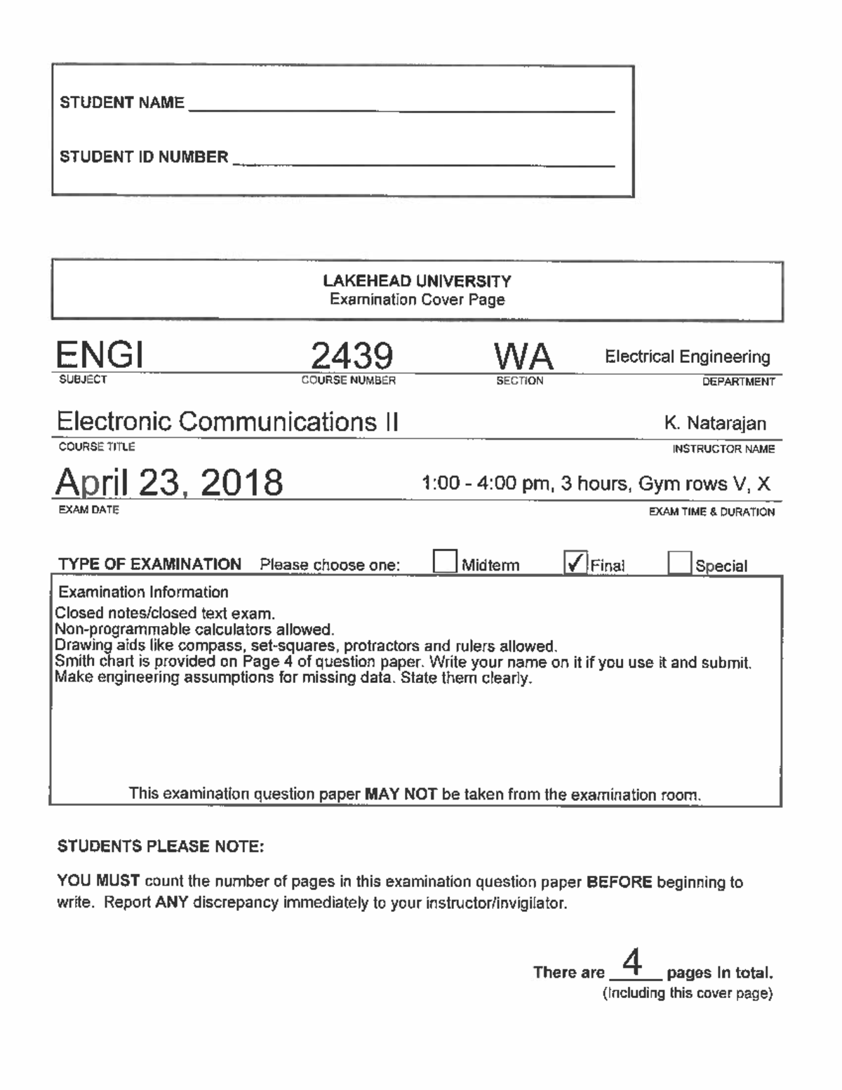 Exam 2018, questions - STUDENT NAME STUDENT ID NUMBER LAKEHEAD ...