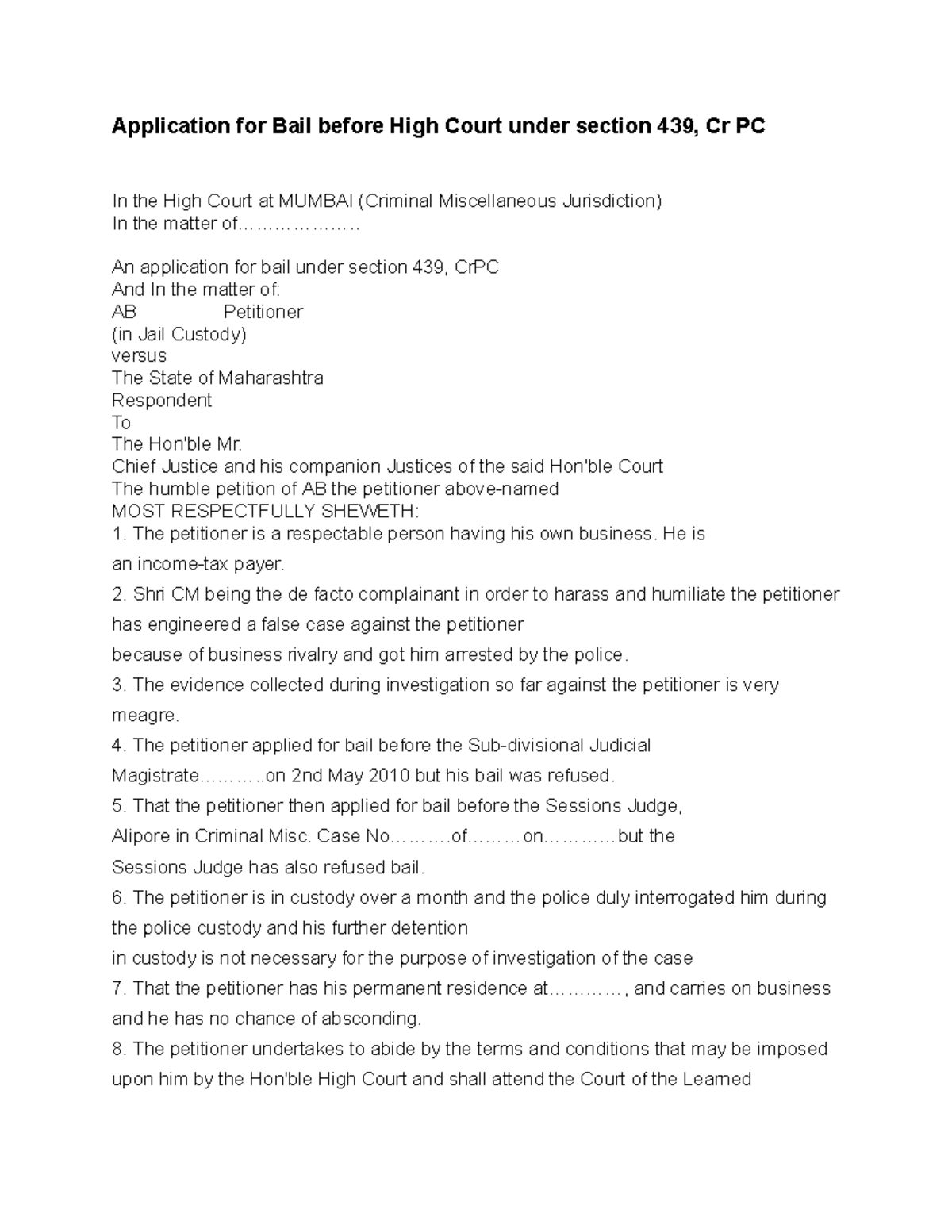 Application for Bail before High Court under section 439, Cr PC ...