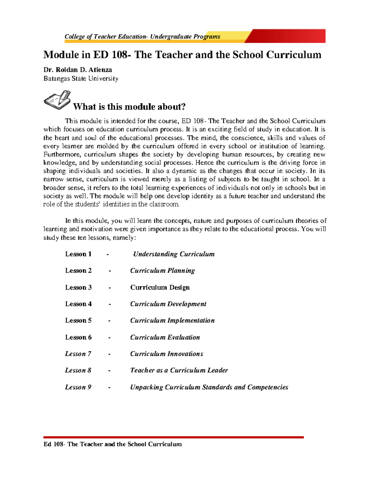 Module ED-108-THE- Teacher-AND-THE- School- Curriculum - Module in ED ...