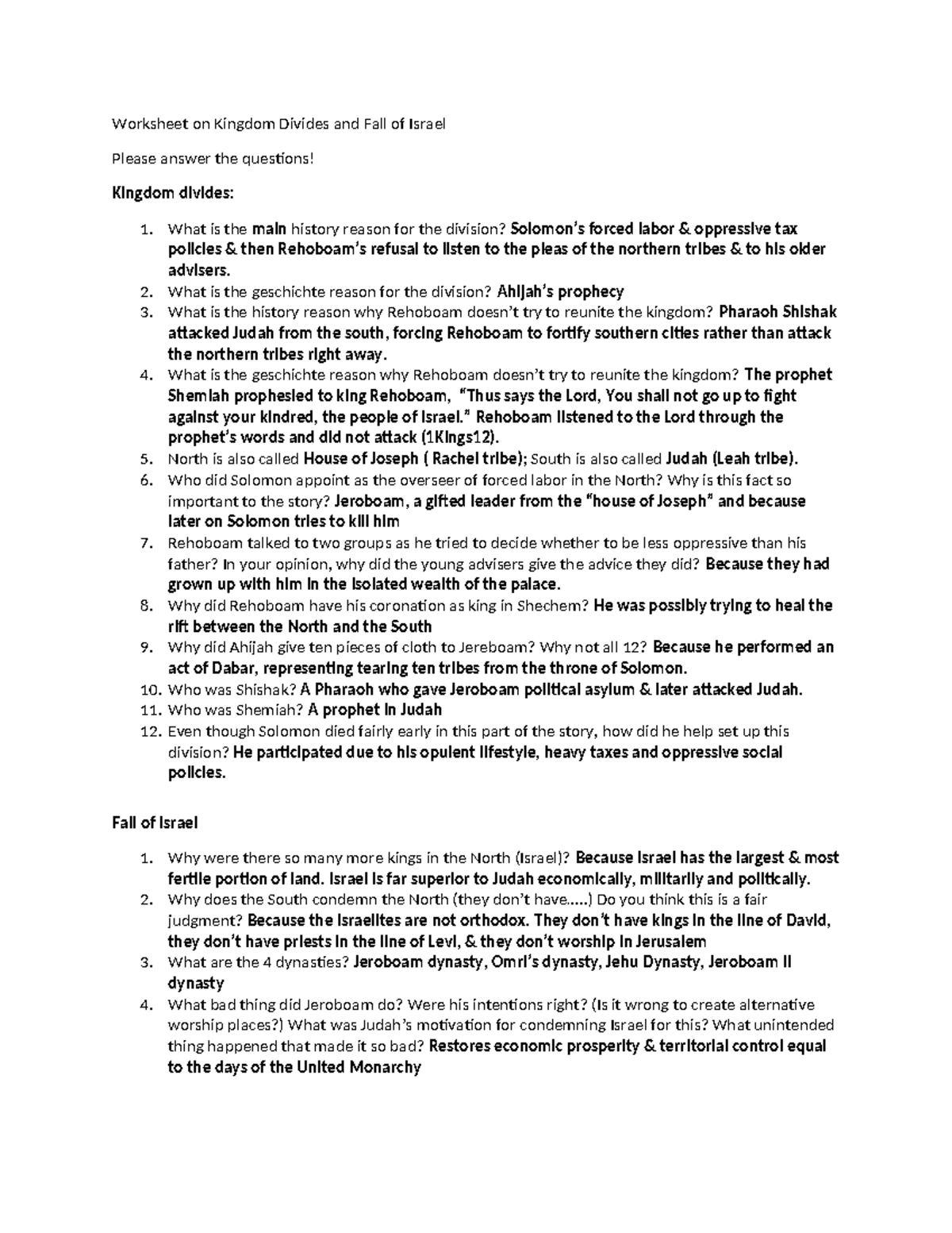 Worksheet division and Israel Bib Lit - Worksheet on Kingdom Divides ...