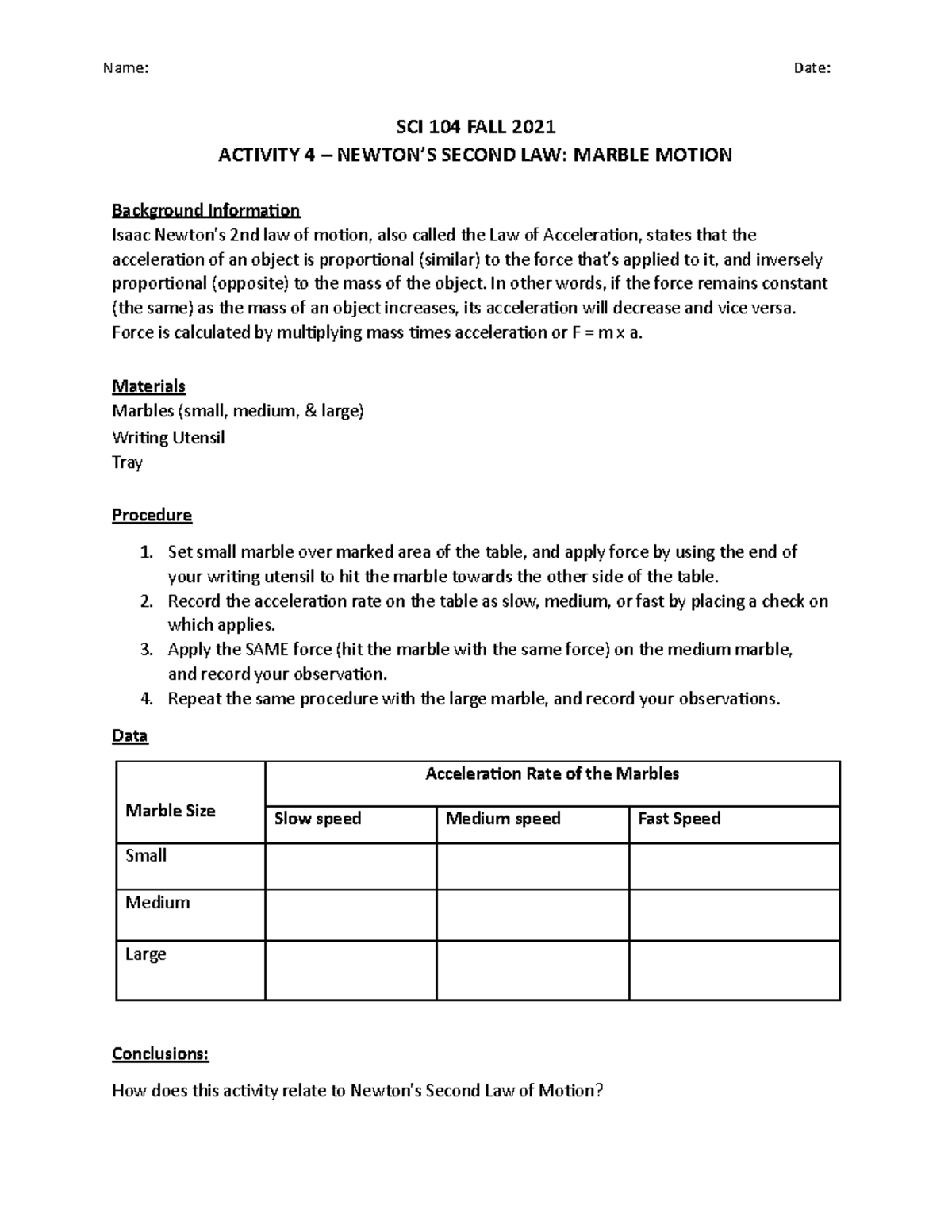 SCI 104 Marble Motion Activity 2021 - Name: Date: SCI 104 FALL 2021 ...