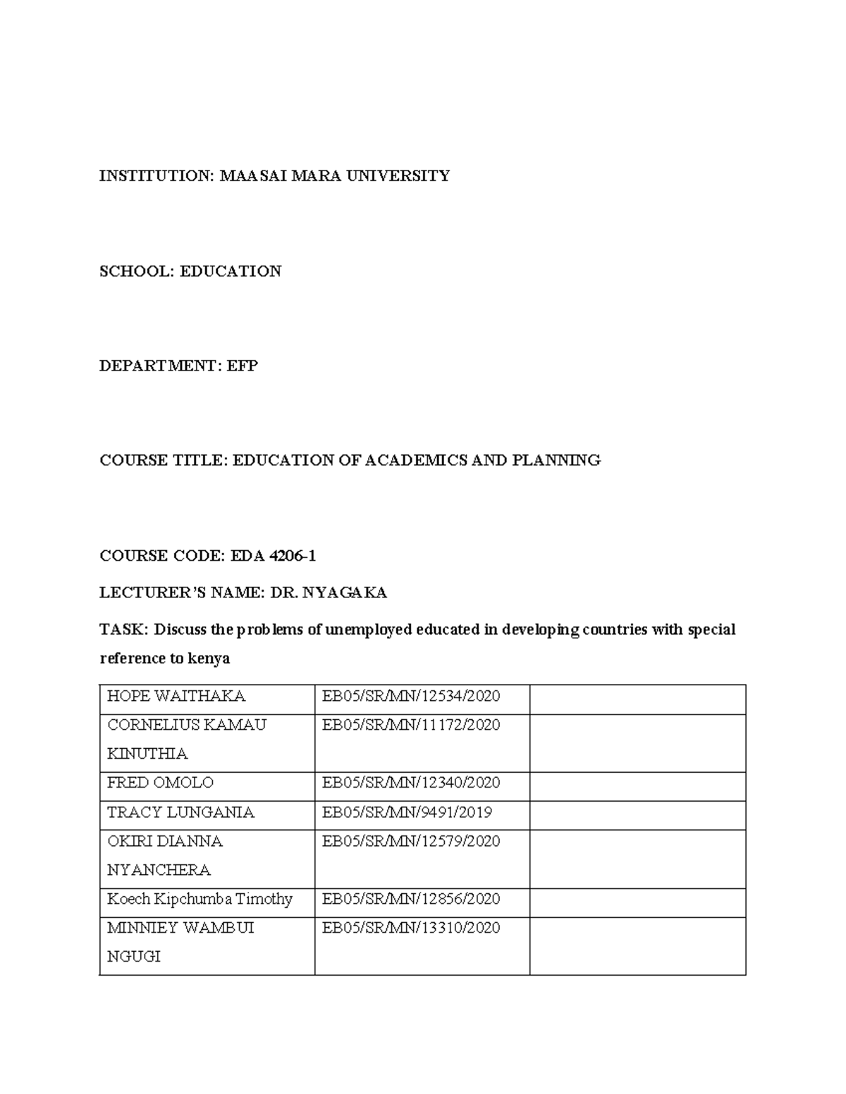 EDA sample final - Legal issues in education - INSTITUTION: MAASAI MARA ...