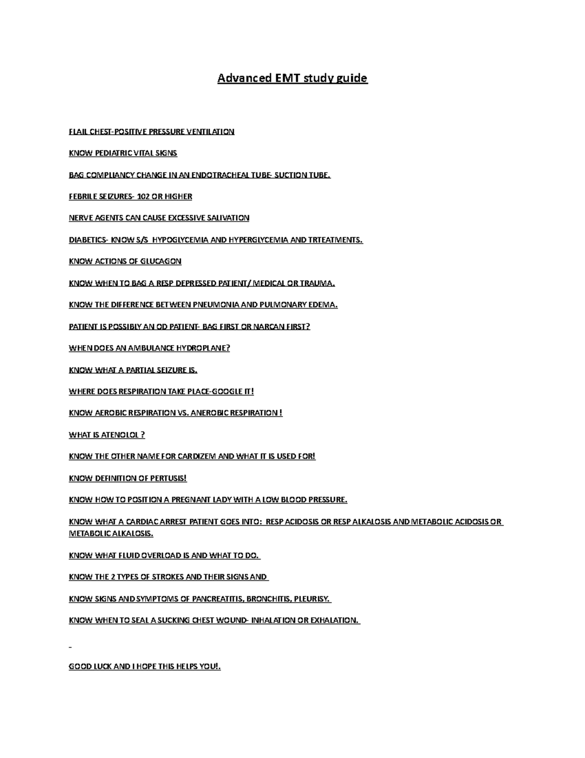 Advanced EMT study guide - FEBRILE 102 OR HIGHER NERVE AGENTS CAN CAUSE ...