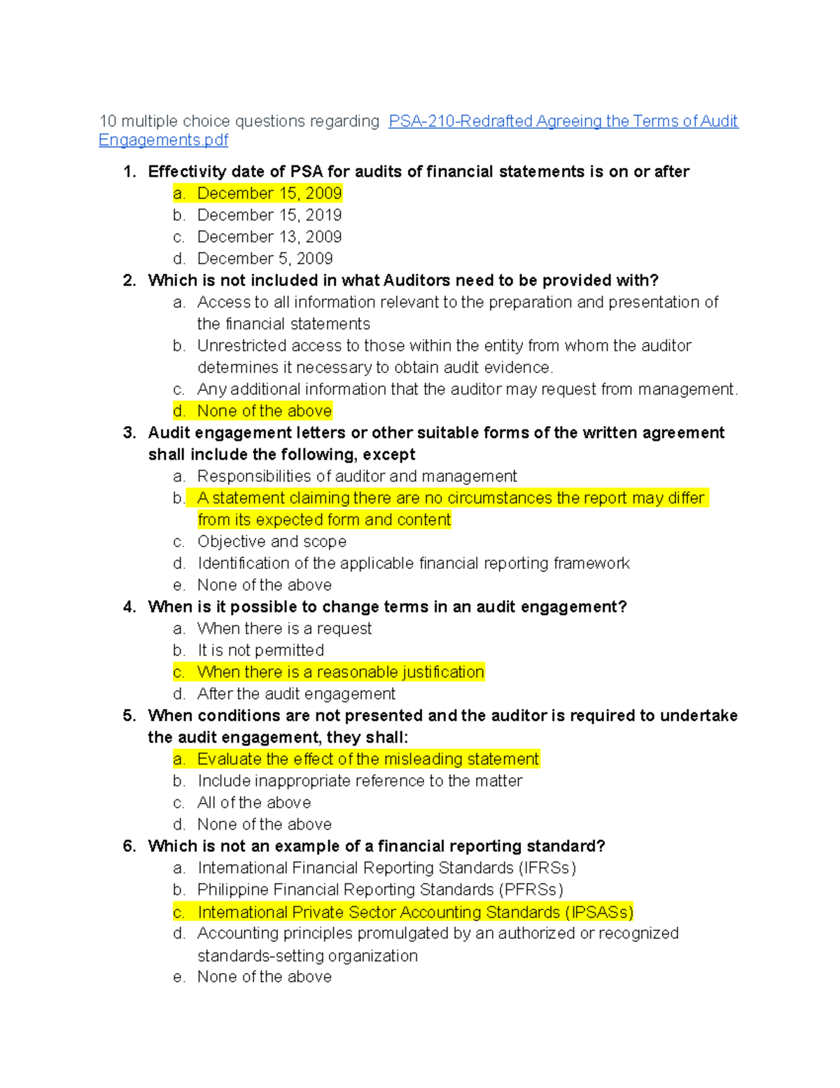 PSA210 10 sample questions - 10 multiple choice questions regarding PSA ...