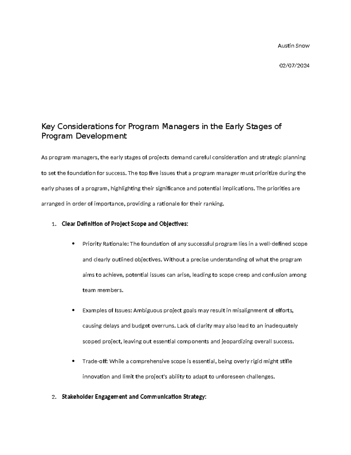 WGU Program management assignment - Austin Snow 02/07/ Key ...