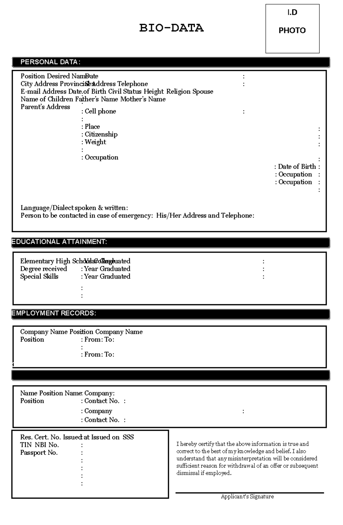 Bio-data-formdocx - Format - Position Desired Name City Address ...