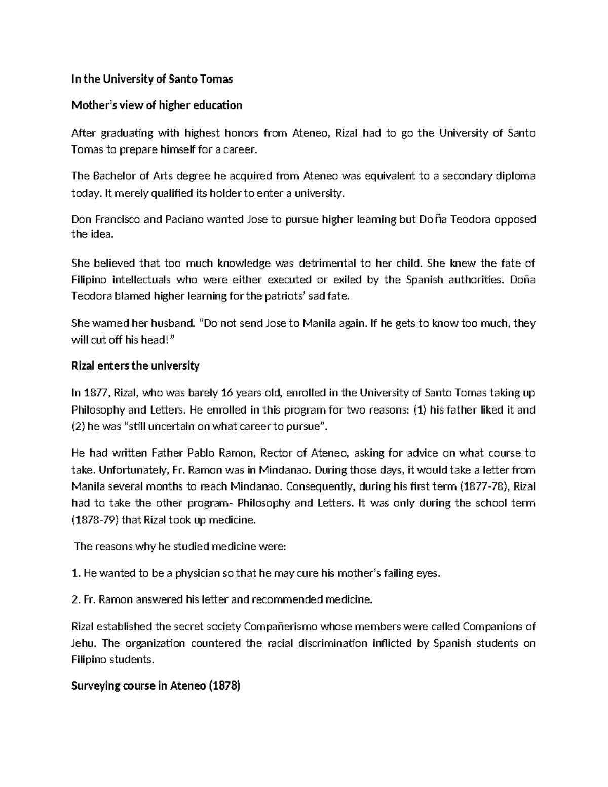 Rizal IN UST - In the University of Santo Tomas Mother’s view of higher ...