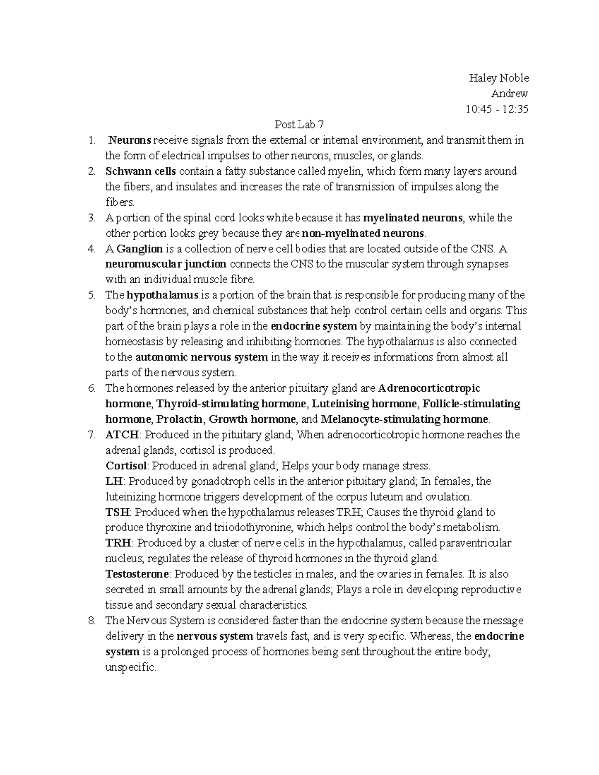 Post-Lab 7 - Post Lab Assignment Professor Charles J. Sailey - Haley ...