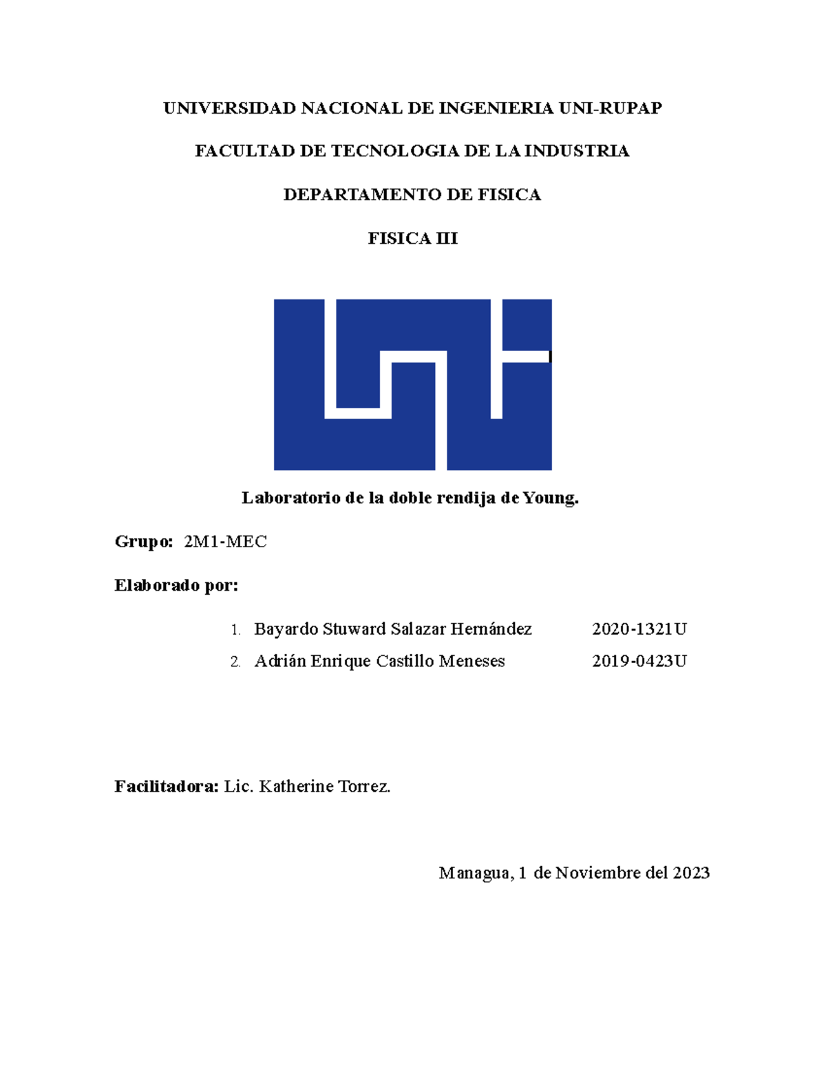 Laboratorio Young - Fisica - UNIVERSIDAD NACIONAL DE INGENIERIA UNI ...