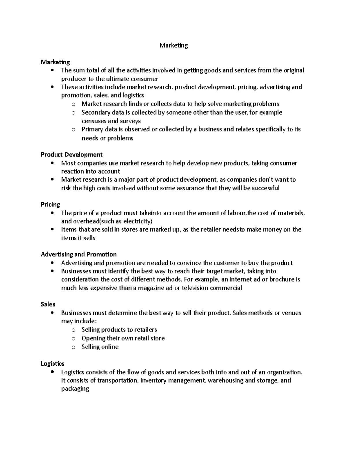 Marketing - NotesNotes - Marketing Marketing The sum total of all the ...