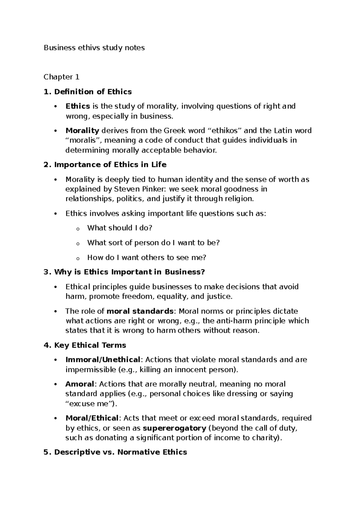 Business ethivs study notes - Business ethivs study notes Chapter 1 1 ...