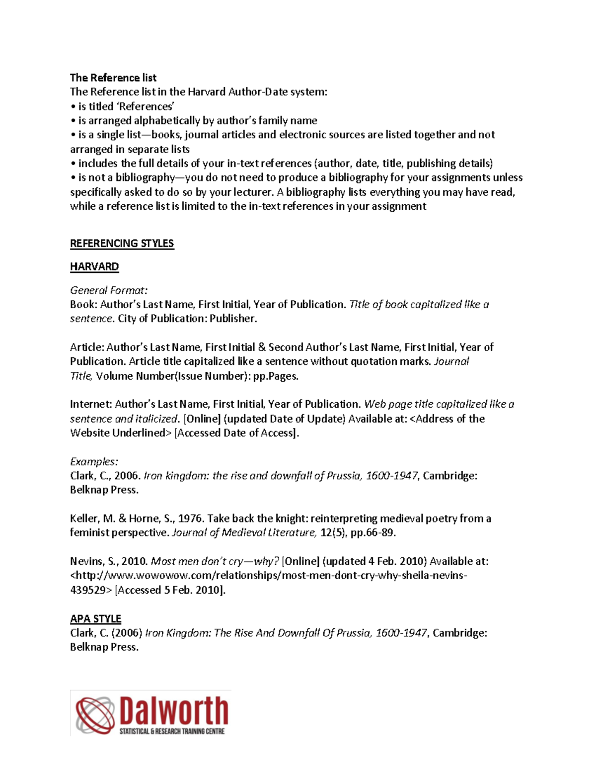 Referencing Styles - notes - The Reference list The Reference list in ...