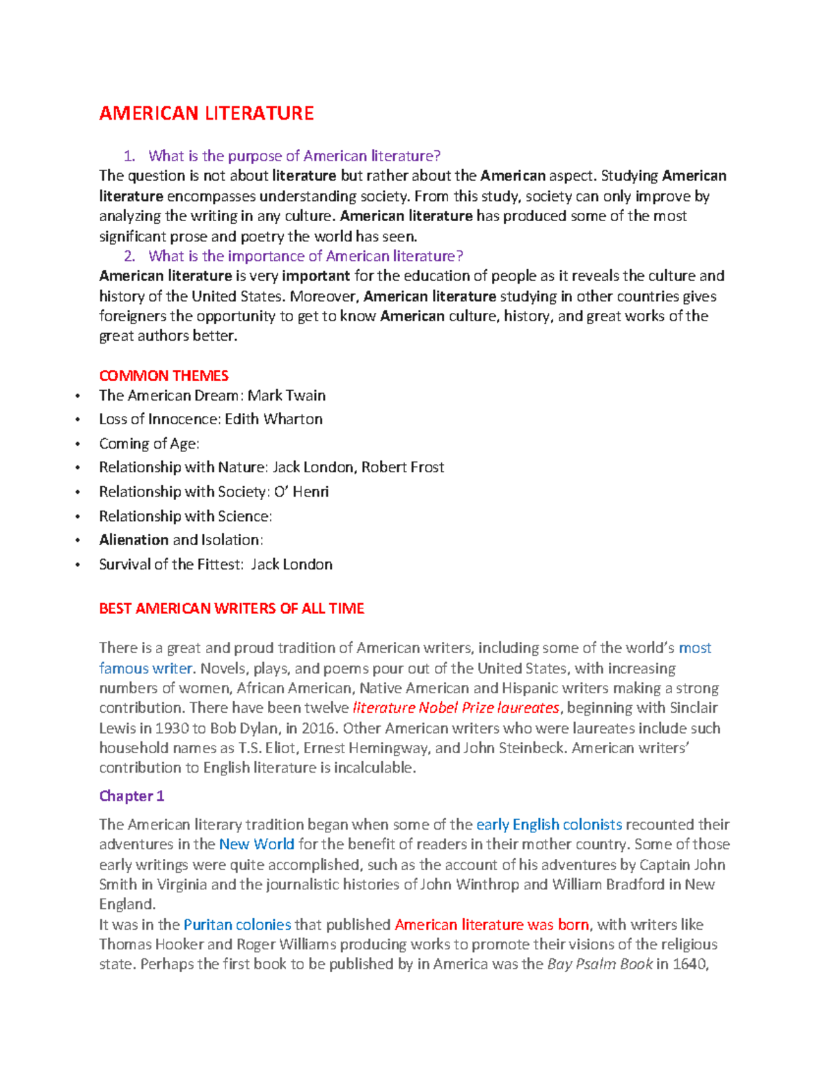 Summary of American literature - AMERICAN LITERATURE What is the ...