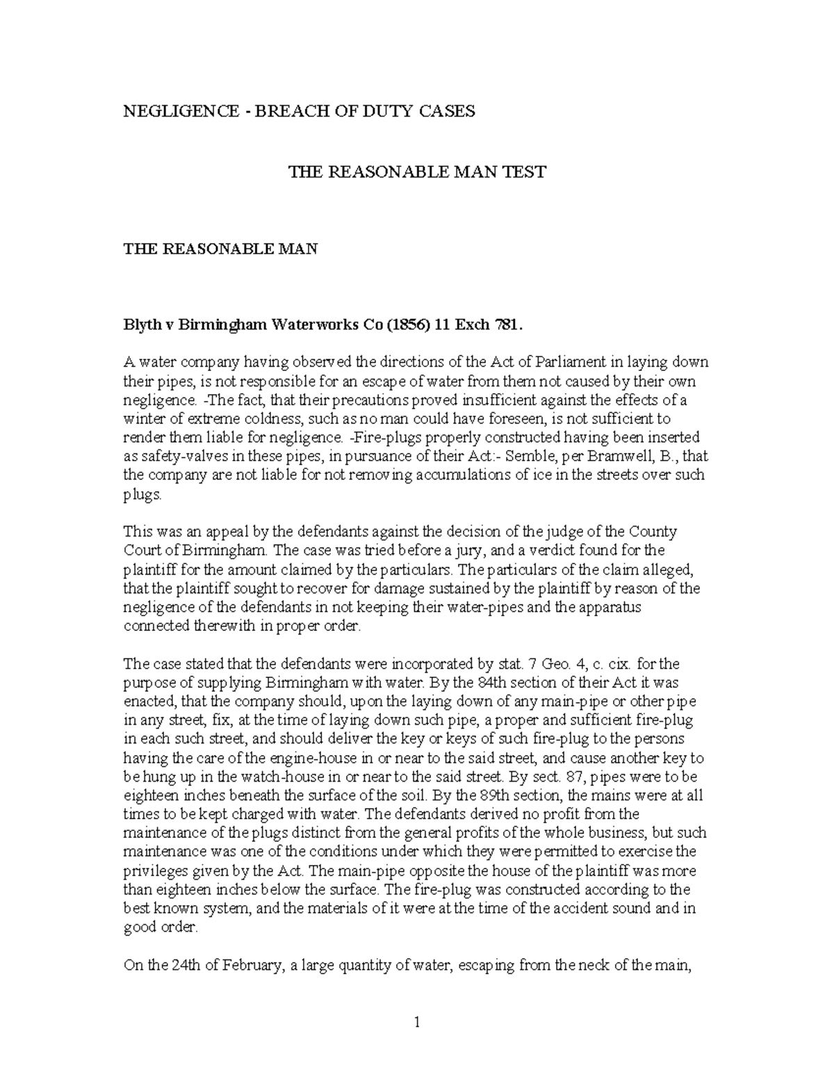 Negligence - Breach OF DUTY Cases - NEGLIGENCE - BREACH OF DUTY CASES ...