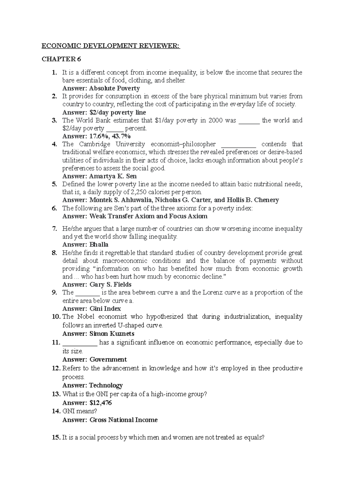 Economic- Reviewer - ECONOMIC DEVELOPMENT REVIEWER: CHAPTER 6 1. It is ...