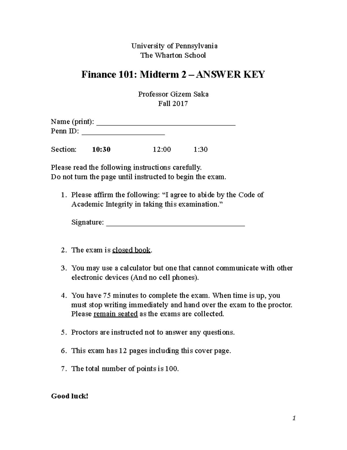 Saka F17 Finance 101 Midterm 2 Section 1 Answer Key - University of ...