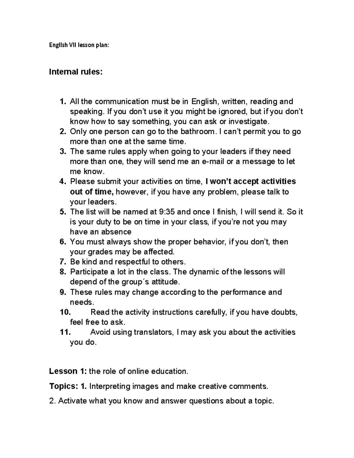 English VII Lesson plans and rules - English VII lesson plan: Internal ...