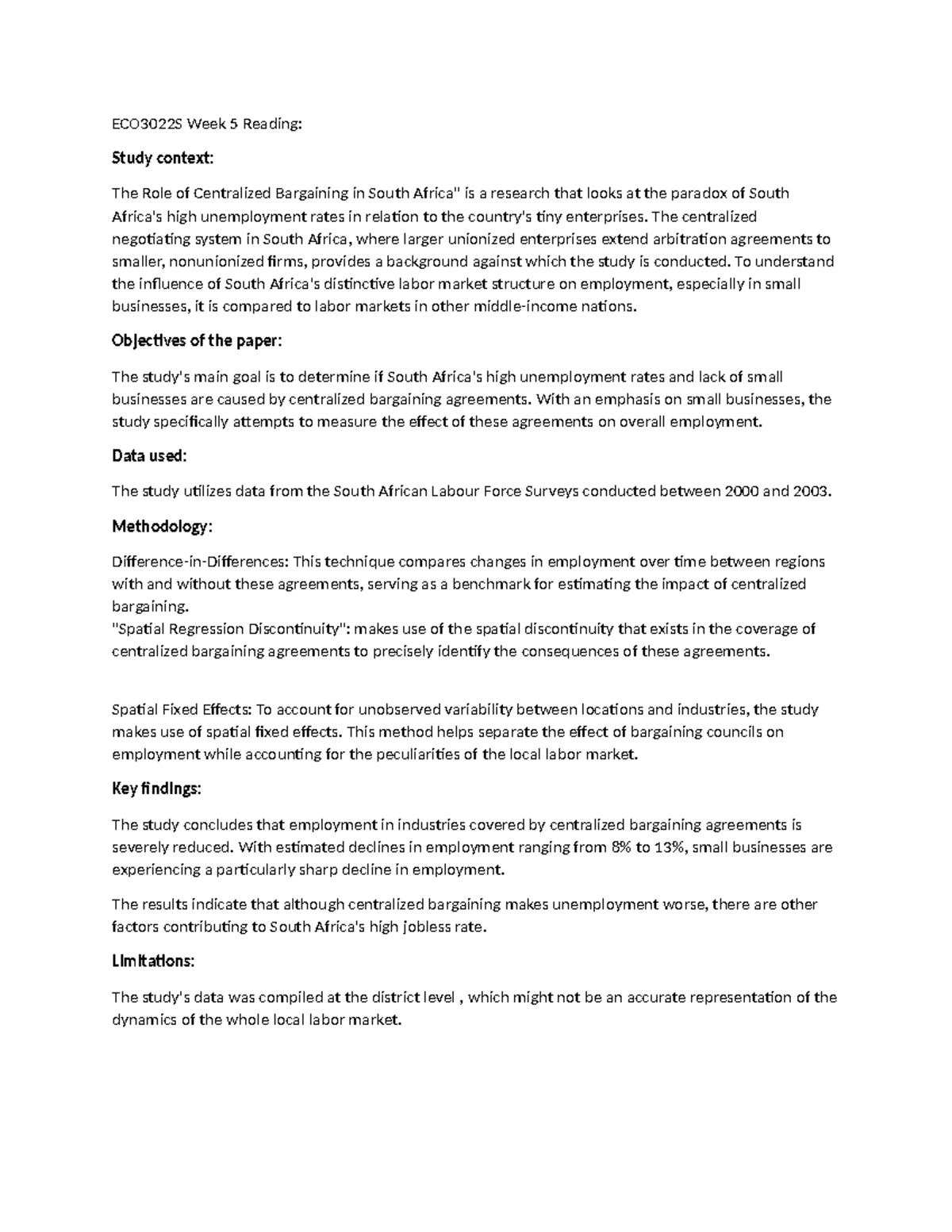 Week 5 Reading ECO3022S - ECO3022S Week 5 Reading: Study context: The ...